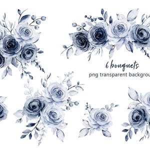 Watercolor Navy Blue Flowers and Leaves Clipart - Navy Blue Roses ...