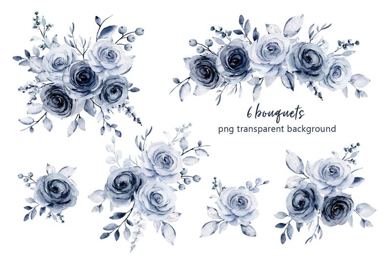 Watercolor Navy Blue Flowers and Leaves Clipart - Navy Blue Roses ...