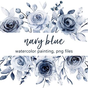 Watercolor Navy Blue Flowers and Leaves Clipart - Navy Blue Roses ...