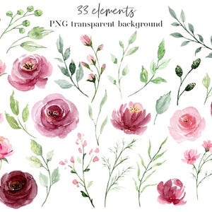 Watercolor Pink and Marsala Floral Set - Floral Borders - Bouquet ...