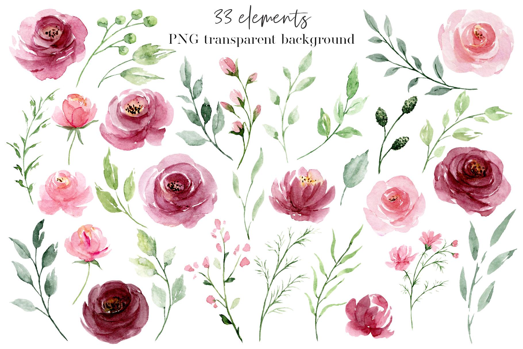 Watercolor Pink and Marsala Floral Set - Floral Borders - Bouquet ...