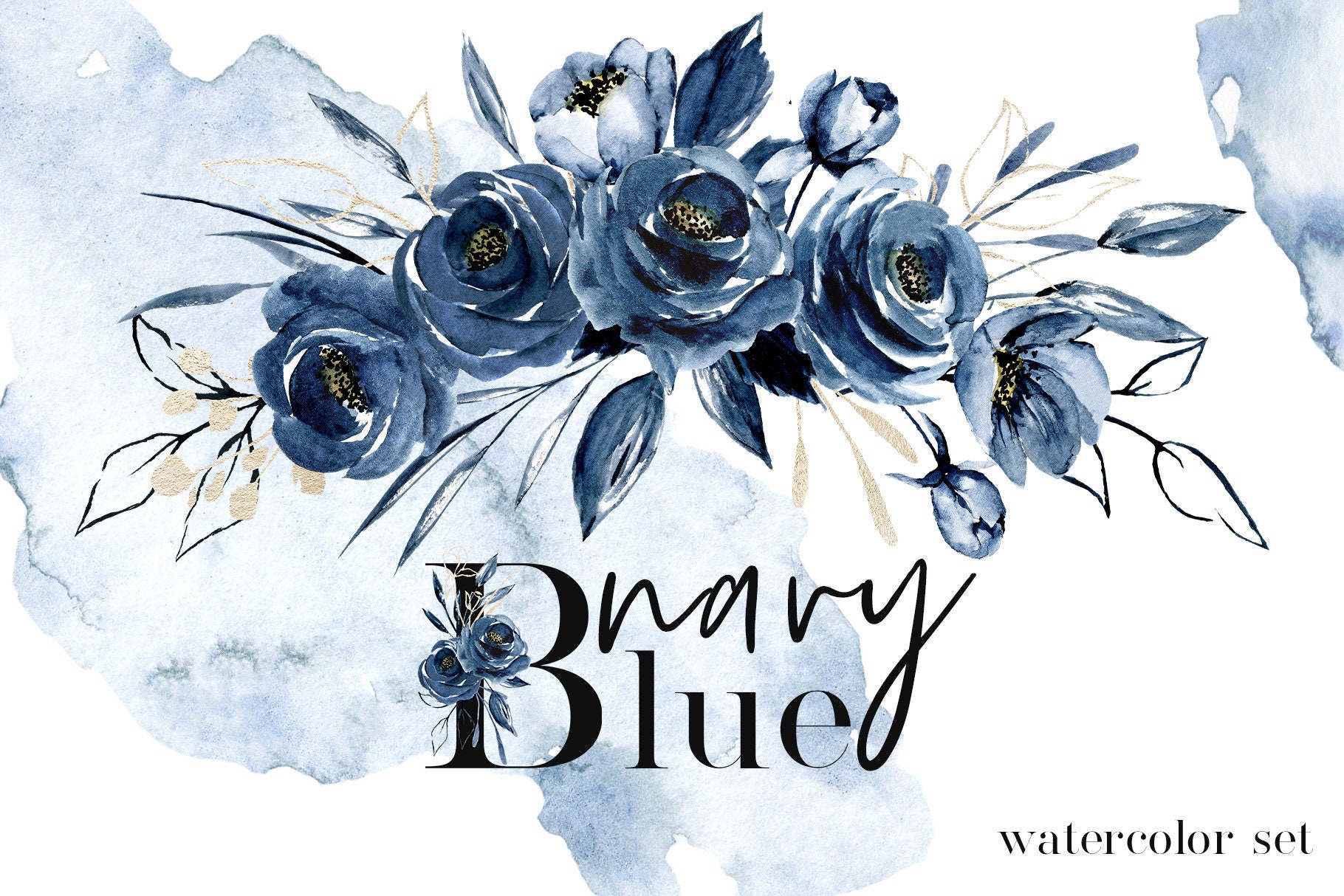 Watercolor Navy Blue Flowers Set - Navy Blue Roses, Floral Garden ...