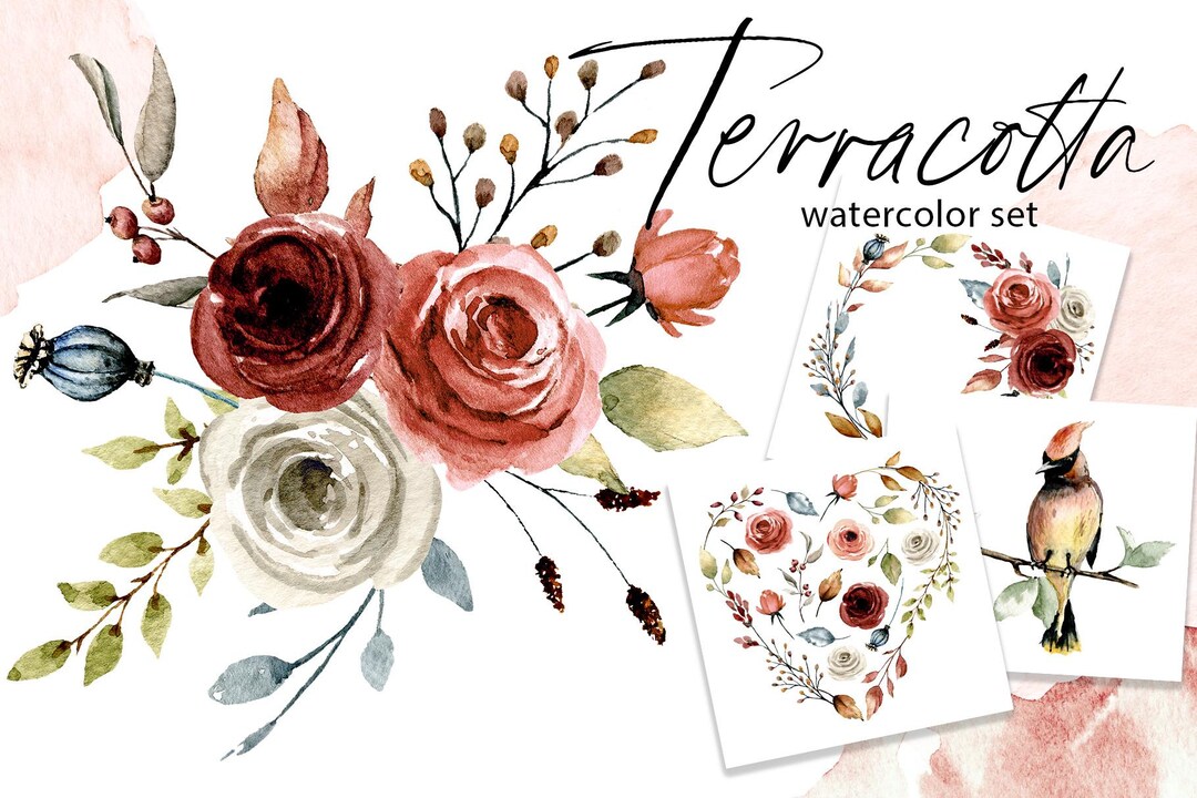 Watercolor Terracotta Flowers Set - Floral Borders - Bouquet Flowers ...