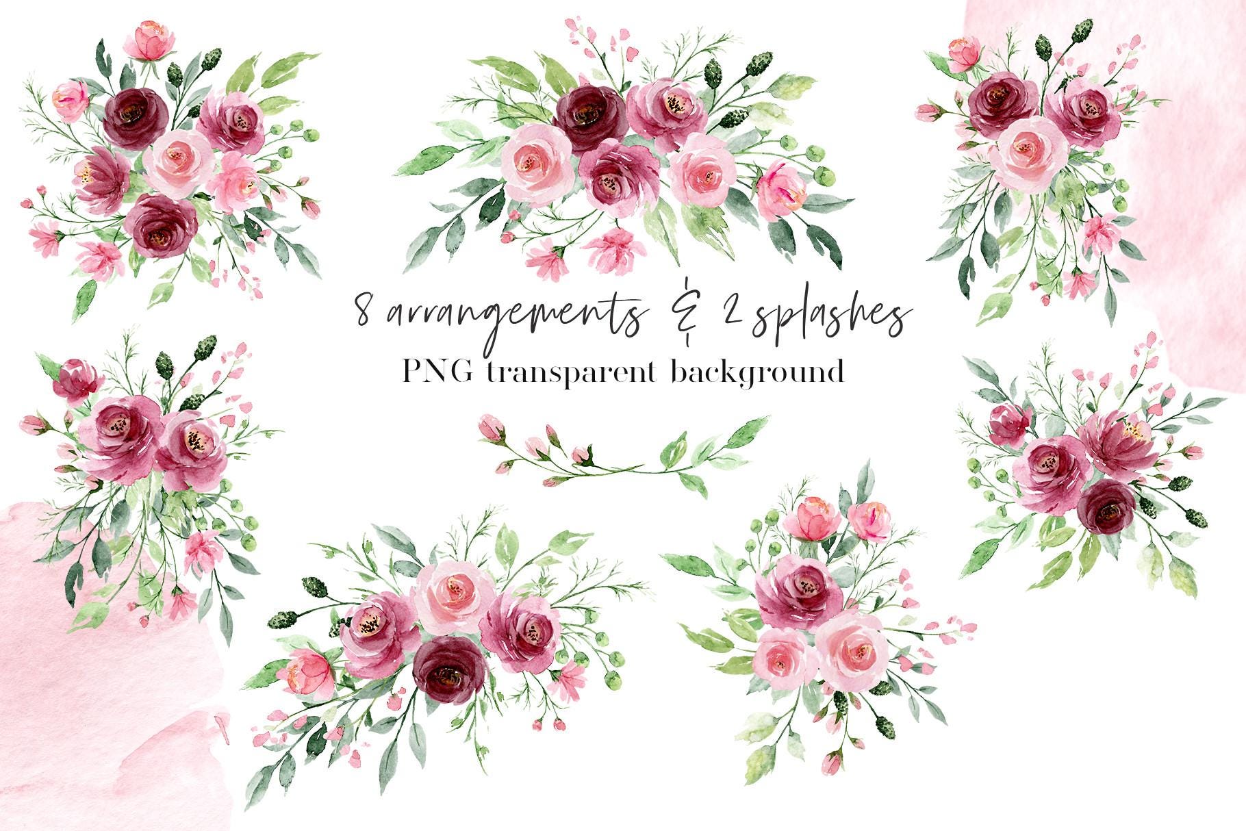 Watercolor Pink and Marsala Floral Set - Floral Borders - Bouquet ...