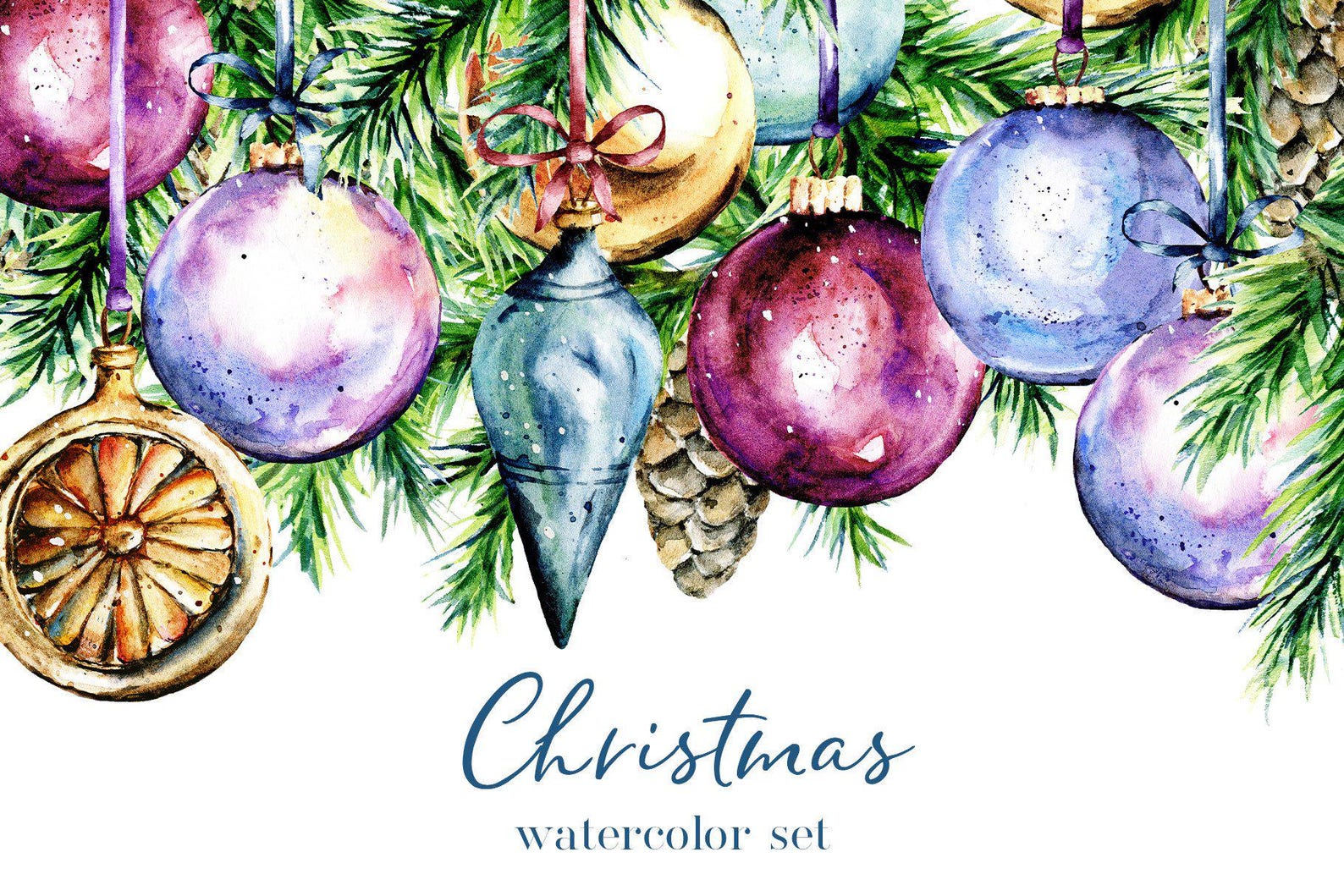 Watercolor Christmas Ornament Clipart Set | Holiday Baubles & Pine ...