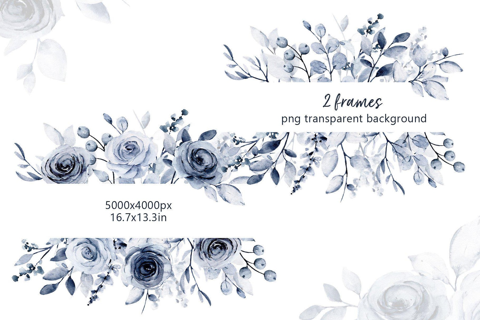Watercolor Navy Blue Flowers and Leaves Clipart - Navy Blue Roses ...