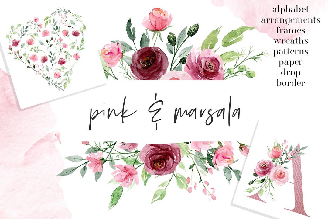 Watercolor Pink and Marsala Floral Set - Floral Borders - Bouquet ...