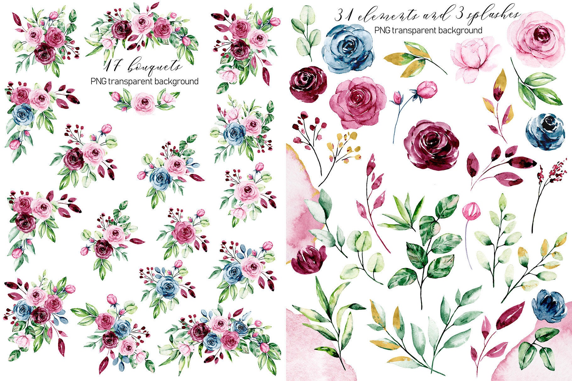 Watercolor Roses Clipart Set Floral Borders Bouquet Flowers Premade ...