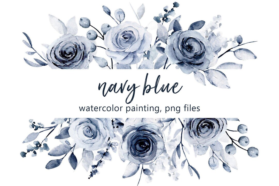 Watercolor Navy Blue Flowers and Leaves Clipart Navy Blue Roses, Floral ...