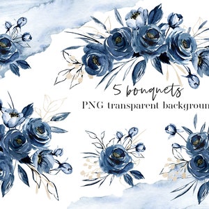 Watercolor Navy Blue Flowers Set - Navy Blue Roses, Floral Garden ...