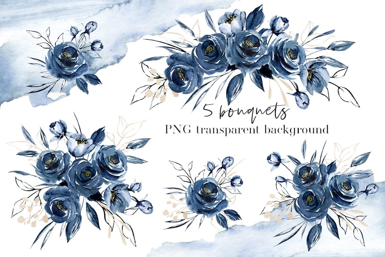 Watercolor Navy Blue Flowers Set - Navy Blue Roses, Floral Garden ...