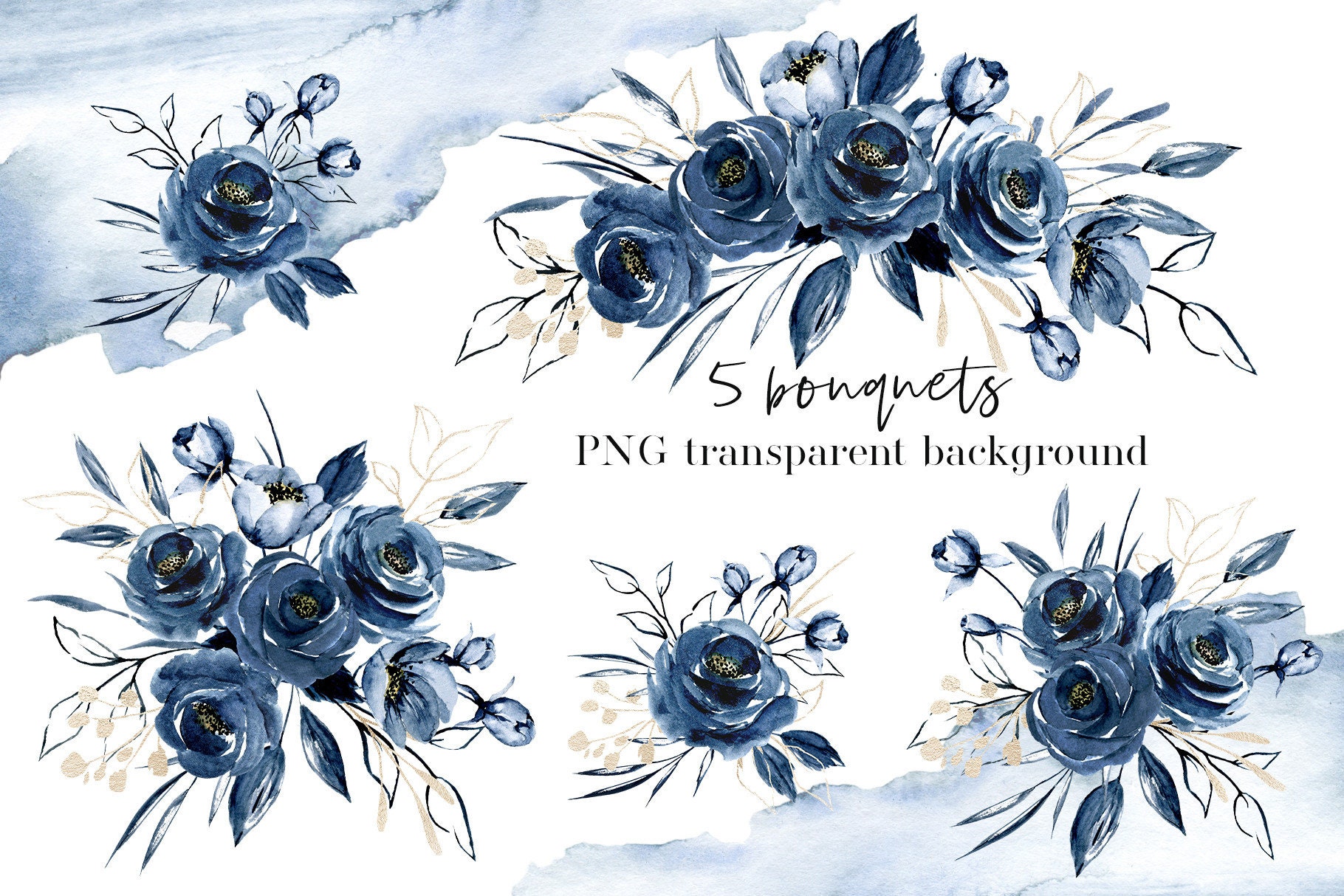 Watercolor Navy Blue Flowers Set - Navy Blue Roses, Floral Garden ...