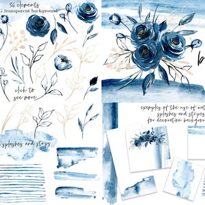 Watercolor Navy Blue Flowers Set - Navy Blue Roses, Floral Garden ...