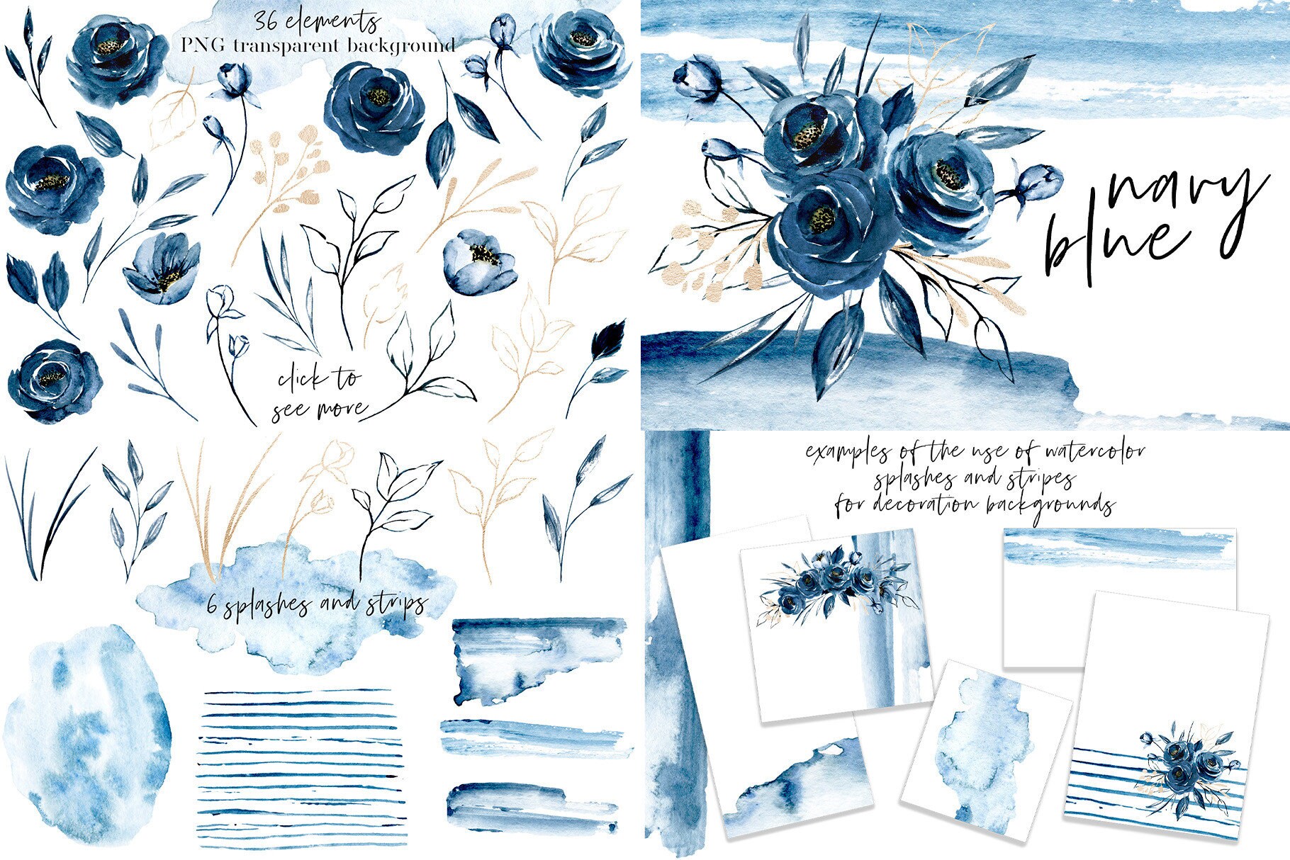 Watercolor Navy Blue Flowers Set - Navy Blue Roses, Floral Garden ...