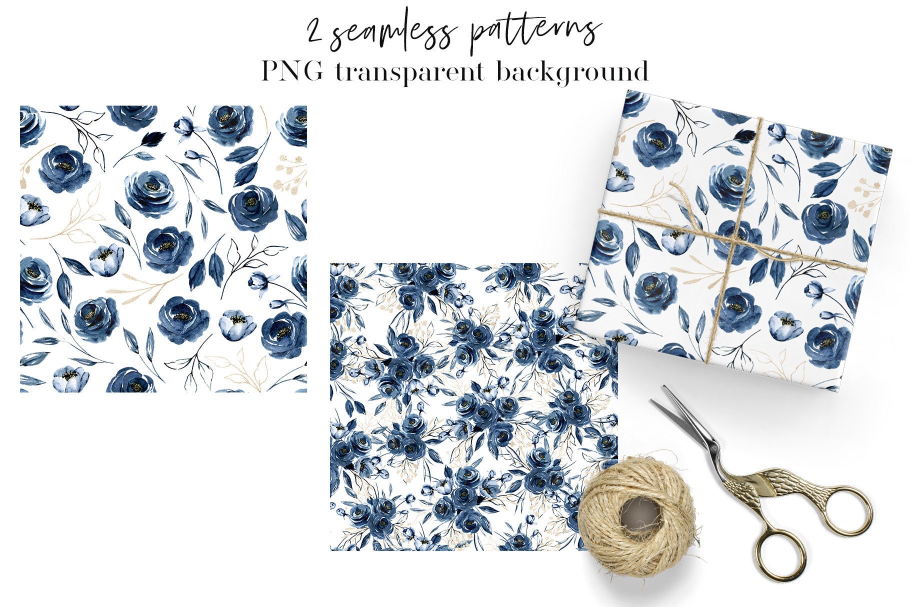 Watercolor Navy Blue Flowers Set - Navy Blue Roses, Floral Garden ...