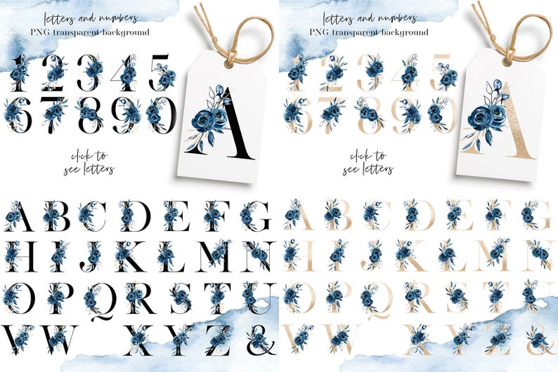 Watercolor Navy Blue Flowers Set - Navy Blue Roses, Floral Garden ...