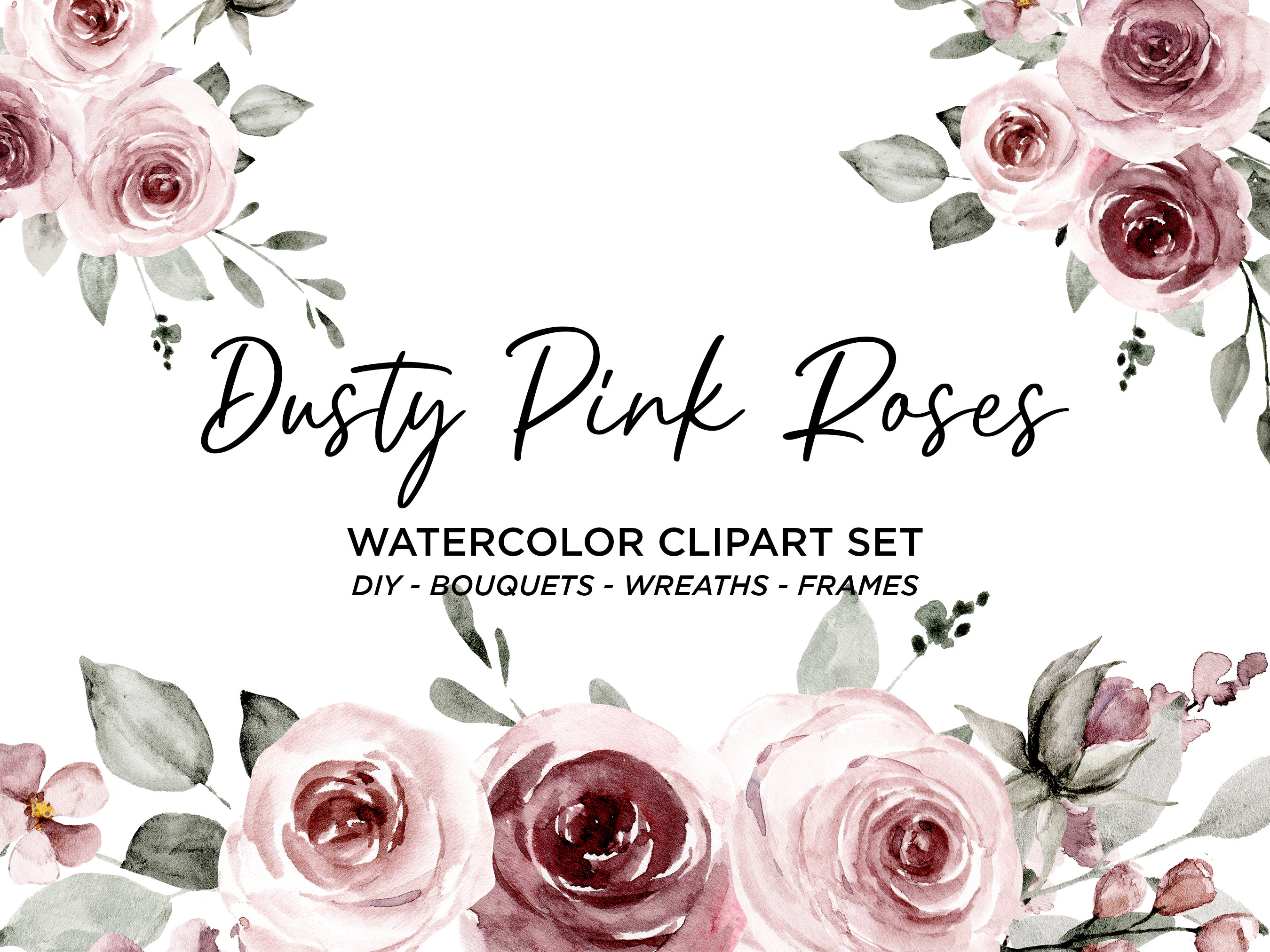 Watercolor Dusty Pink Roses Flowers Set - Floral Borders - Bouquet ...