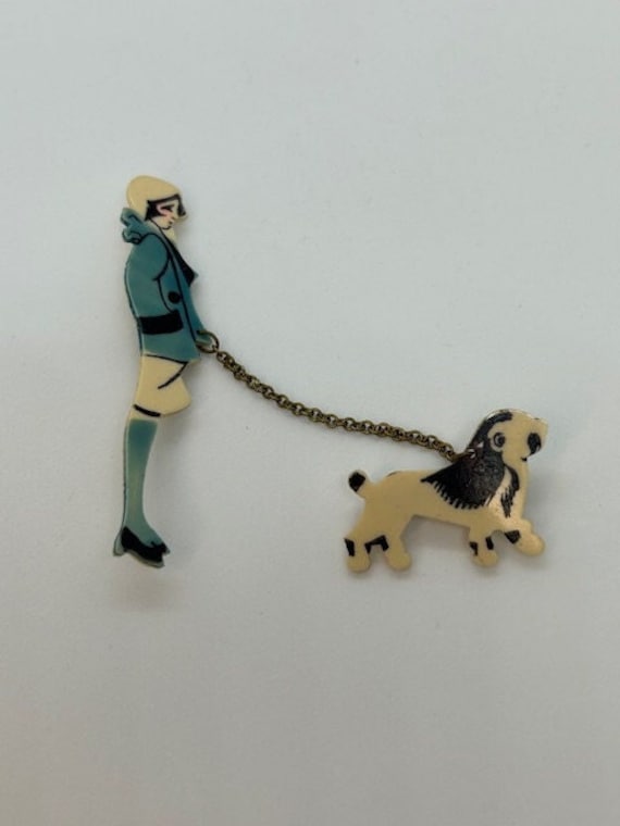 Rare Art Deco Celluloid Woman Walking a Dog Pin - Gem