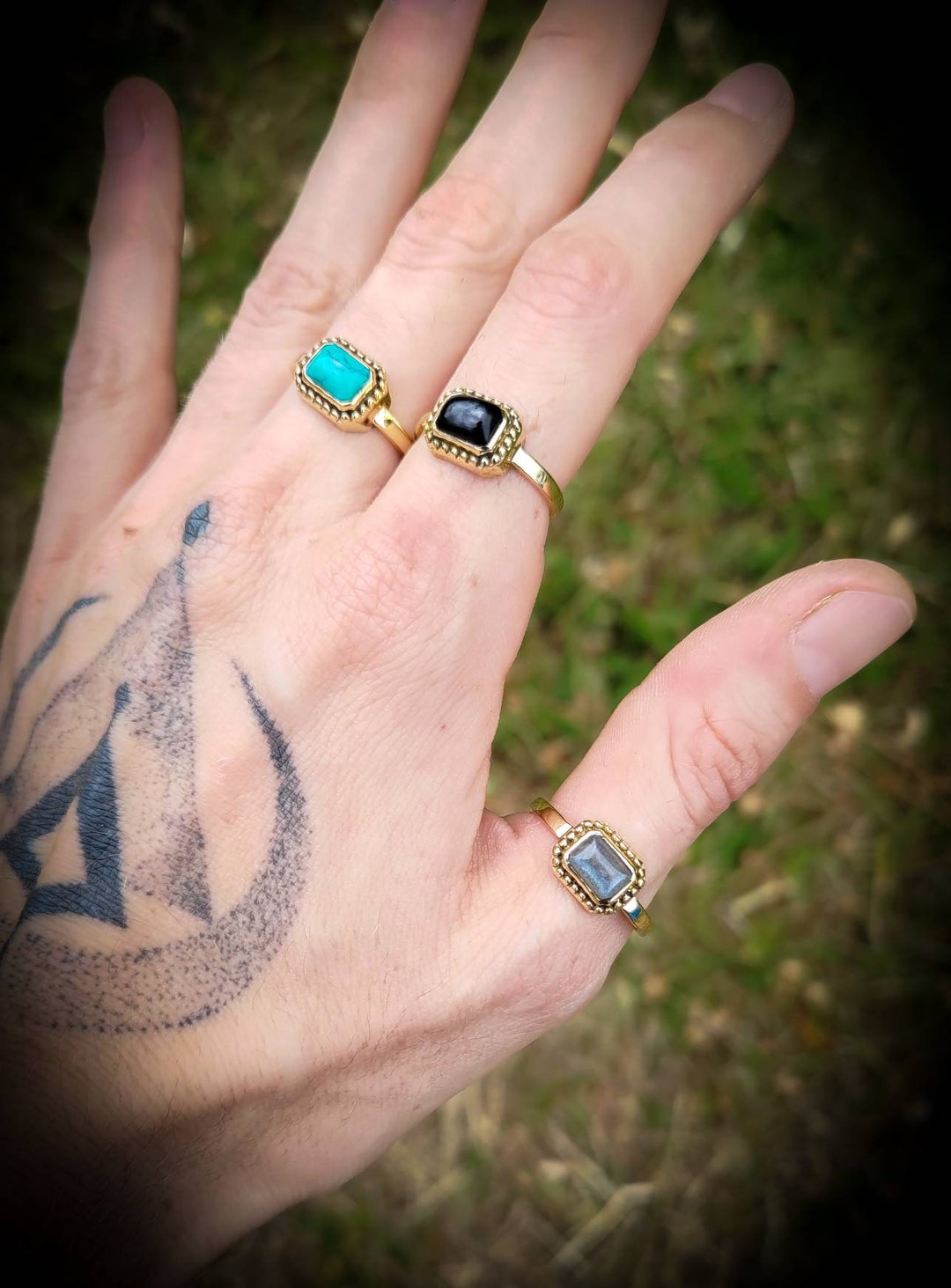 Brass Ethnic Dots Pattern Ring With Turquoise or Blue Labradorite or ...