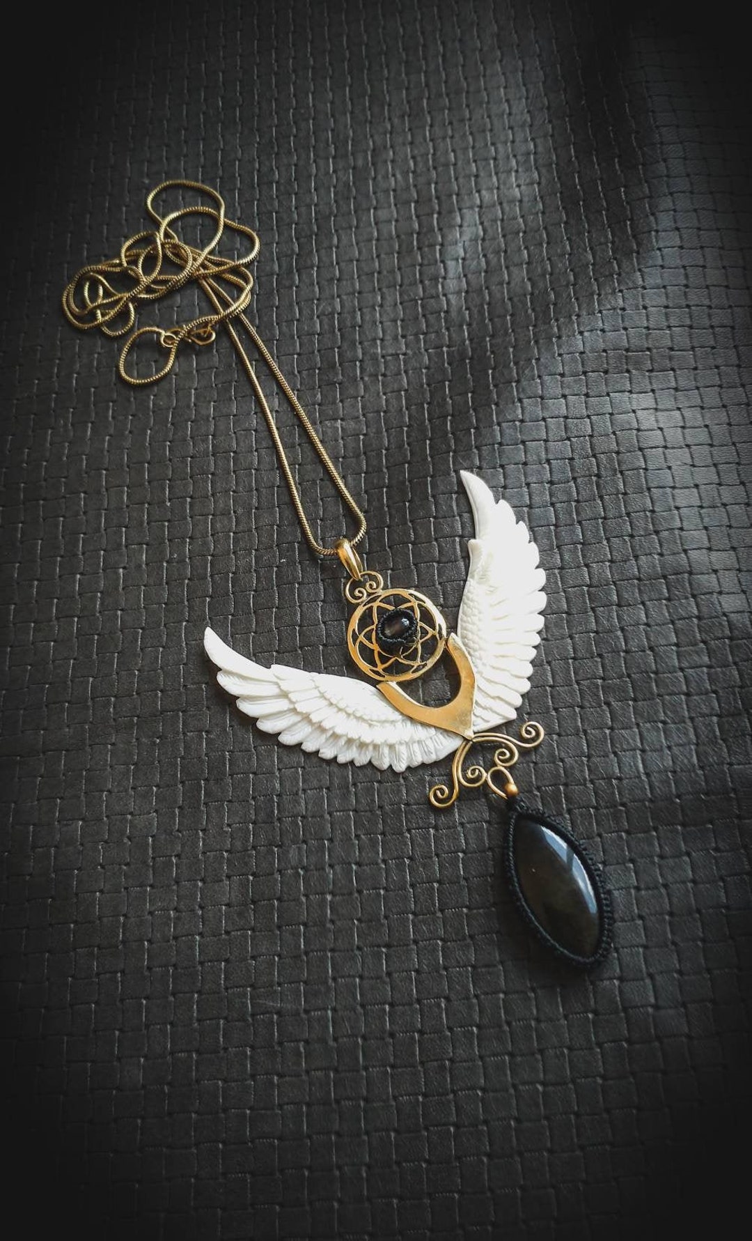 Sacred Geometry Black Star Sapphire With Gold Obsidian Carved Wings ...