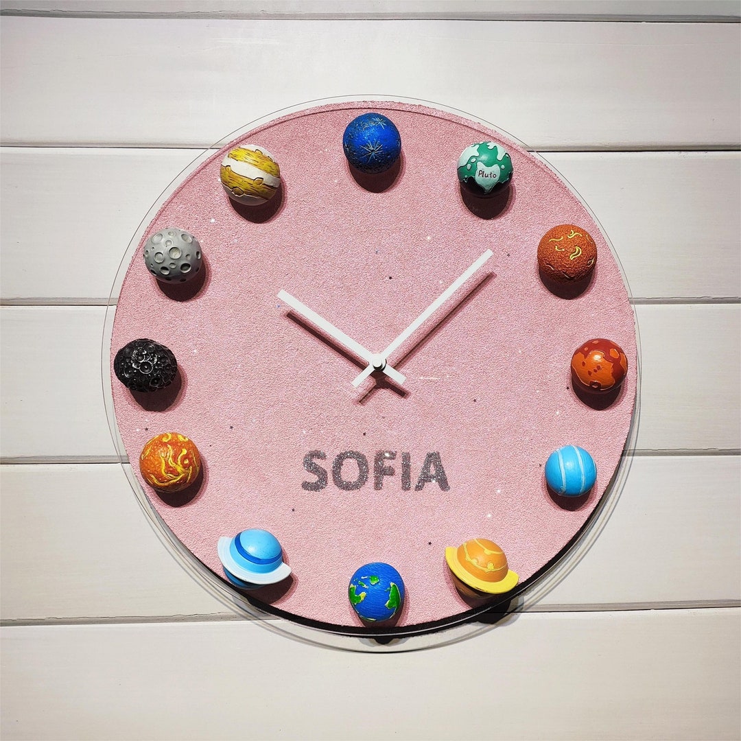 Personalized Wall Clock With Name, Kids Room Pink Decor, Solar System ...