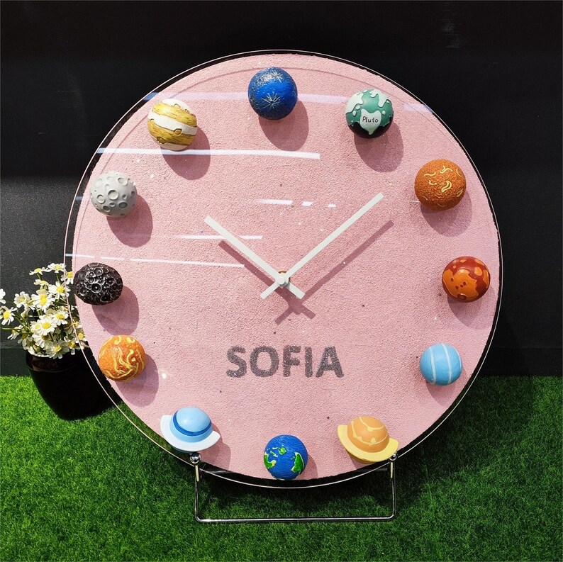 Personalized Wall Clock With Name, Kids Room Pink Decor, Solar System ...