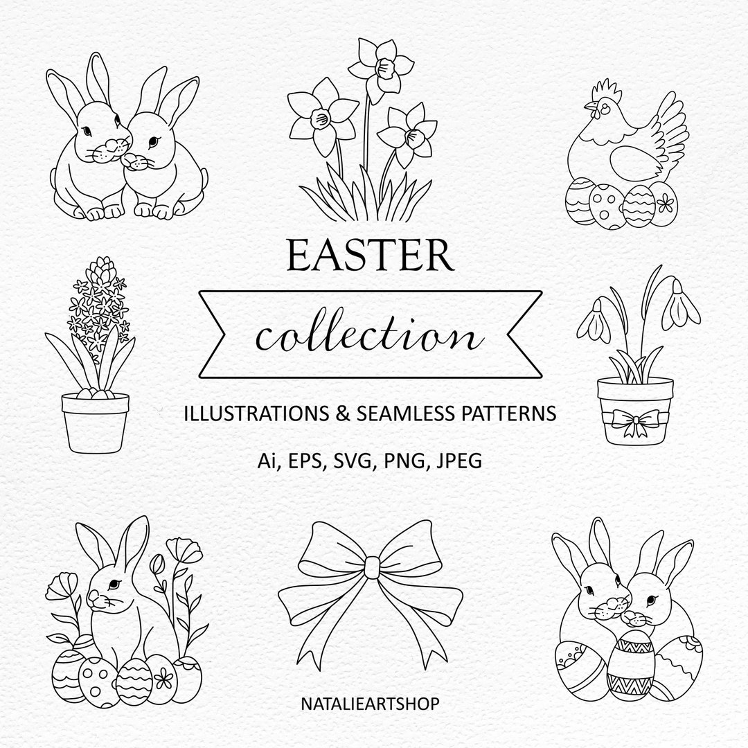 Easter Line Illustration Set - Easter Digital Paper - Easter SVG ...