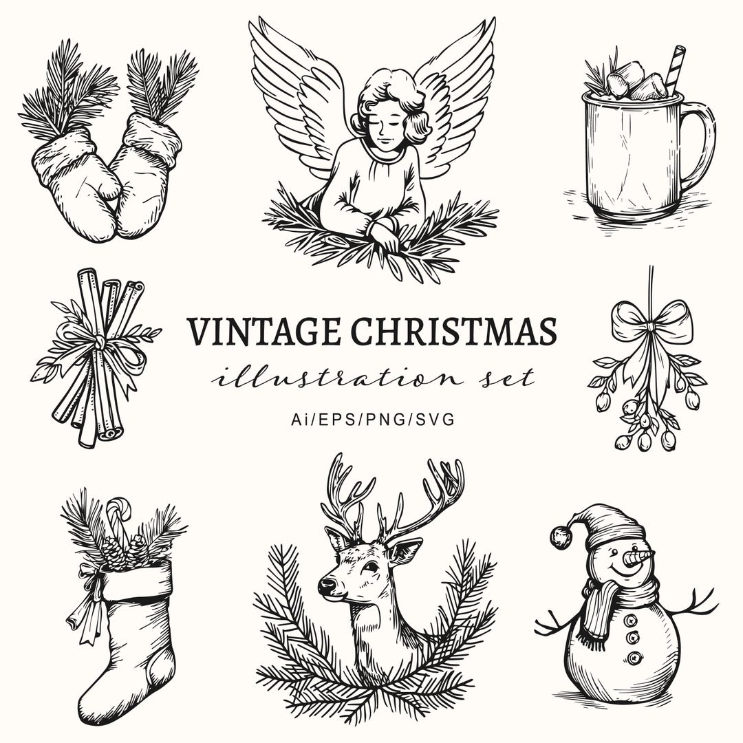 Vintage Christmas Illustration Set-hand-drawn Style Holiday Clipart ...