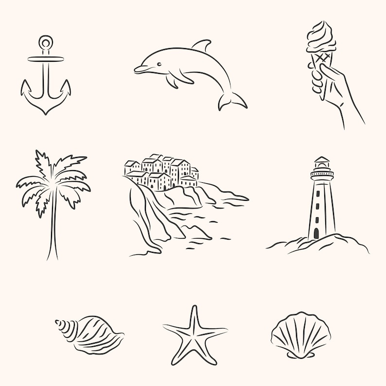 Beach Line Art Clipart Set, Summer Coastal Illustrations SVG ...