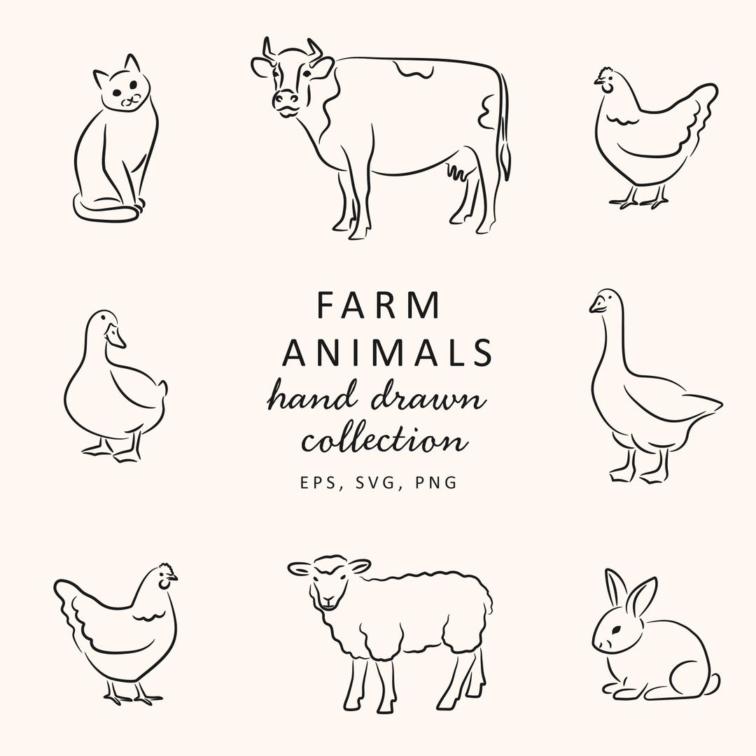 Farm Animal Line Art Clipart, Minimalist Animal SVG PNG Set, Farmhouse ...
