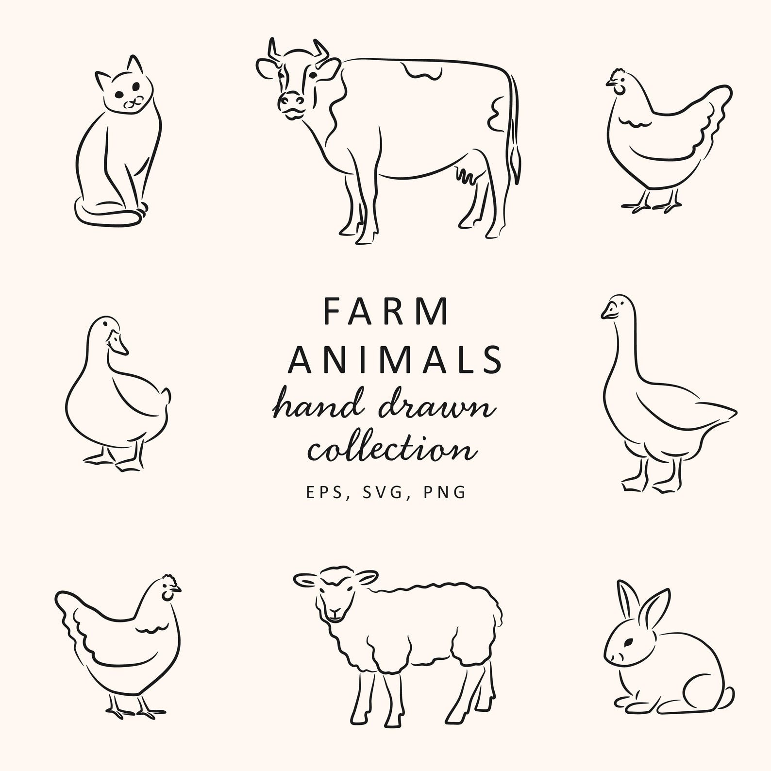 Farm Animal Line Art Clipart, Minimalist Animal SVG PNG Set, Farmhouse ...