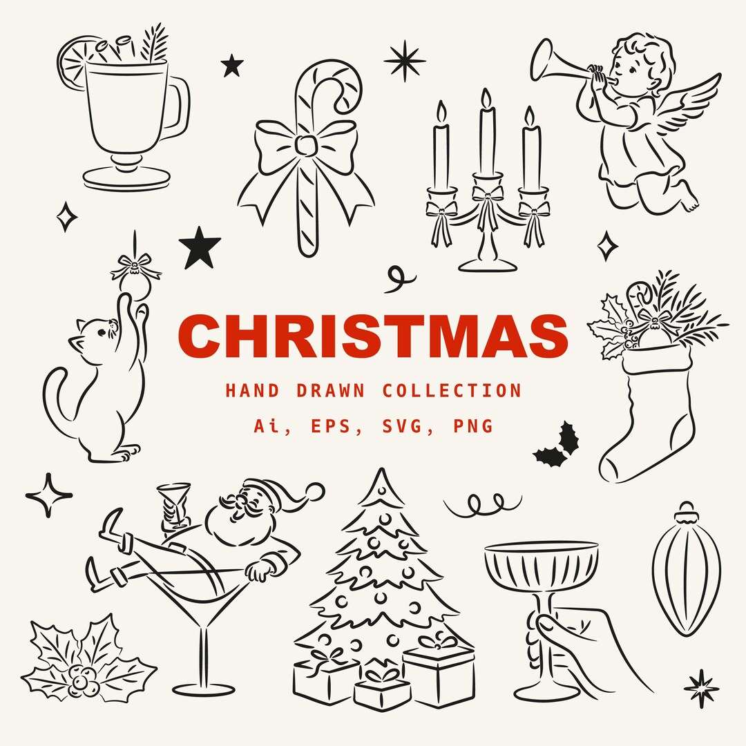 Christmas Line Art Clipart Set | Hand Drawn Holiday Doodles ...