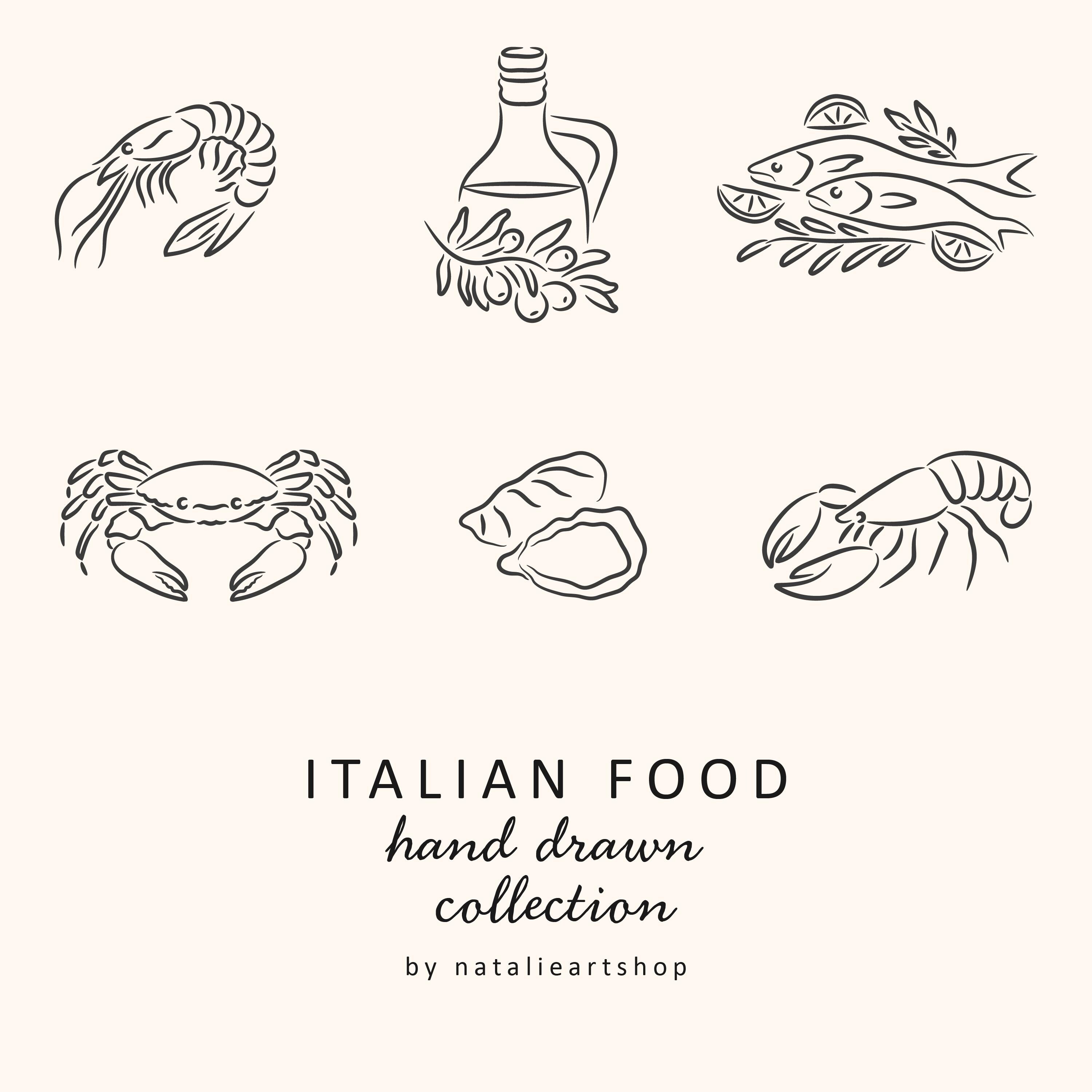 Hand Drawn Italian Food Icons, Minimalist Line Art Clipart Set for ...