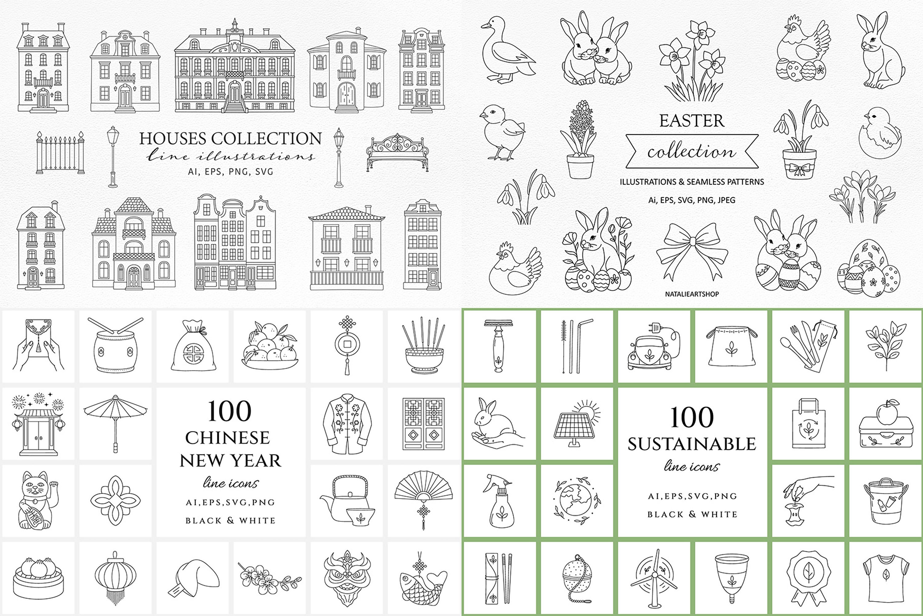 Digital Graphic Bundle-outlined Icon Set-line Floral Illustration-hand ...