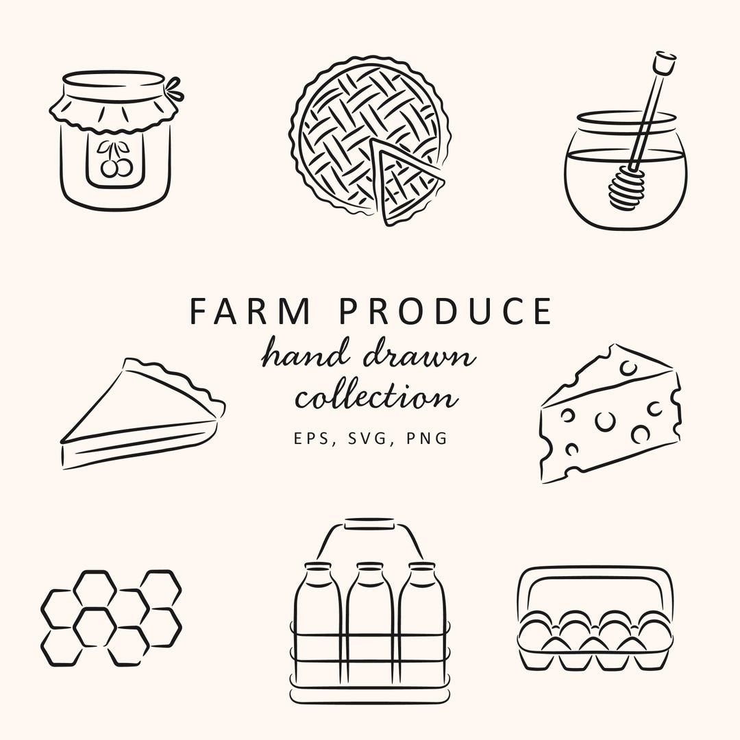 Farm Fresh Food Line Art Clipart, Bakery Market Icons SVG, Hand Drawn ...
