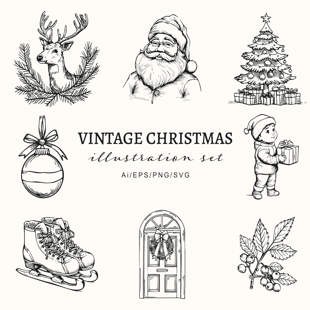 Vintage Christmas Illustration Set-hand-drawn Style Holiday Clipart ...