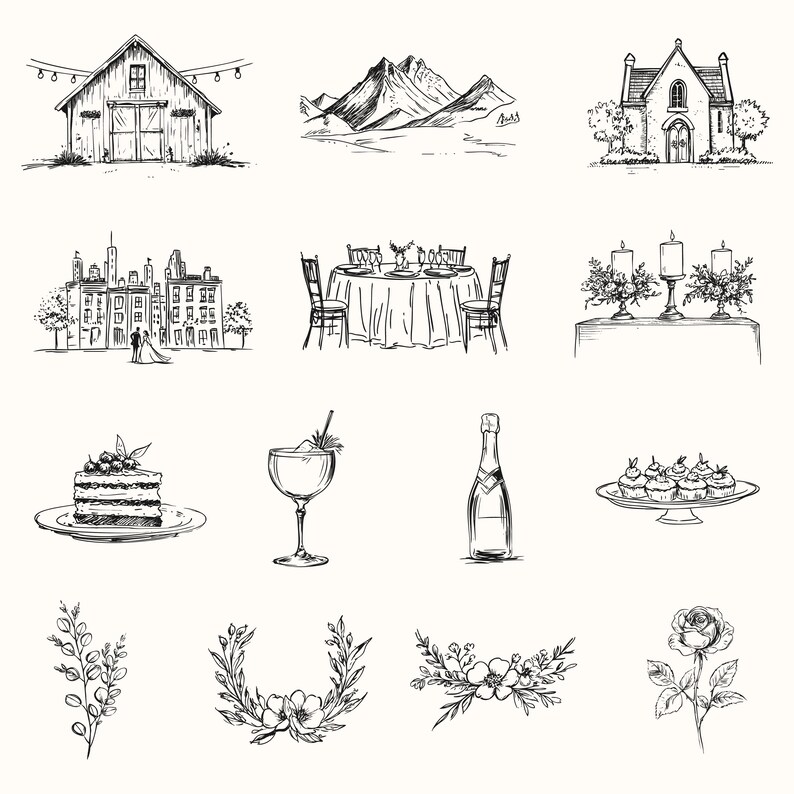 Elegant Wedding Illustration Bundle, Floral & Venue Graphics for ...