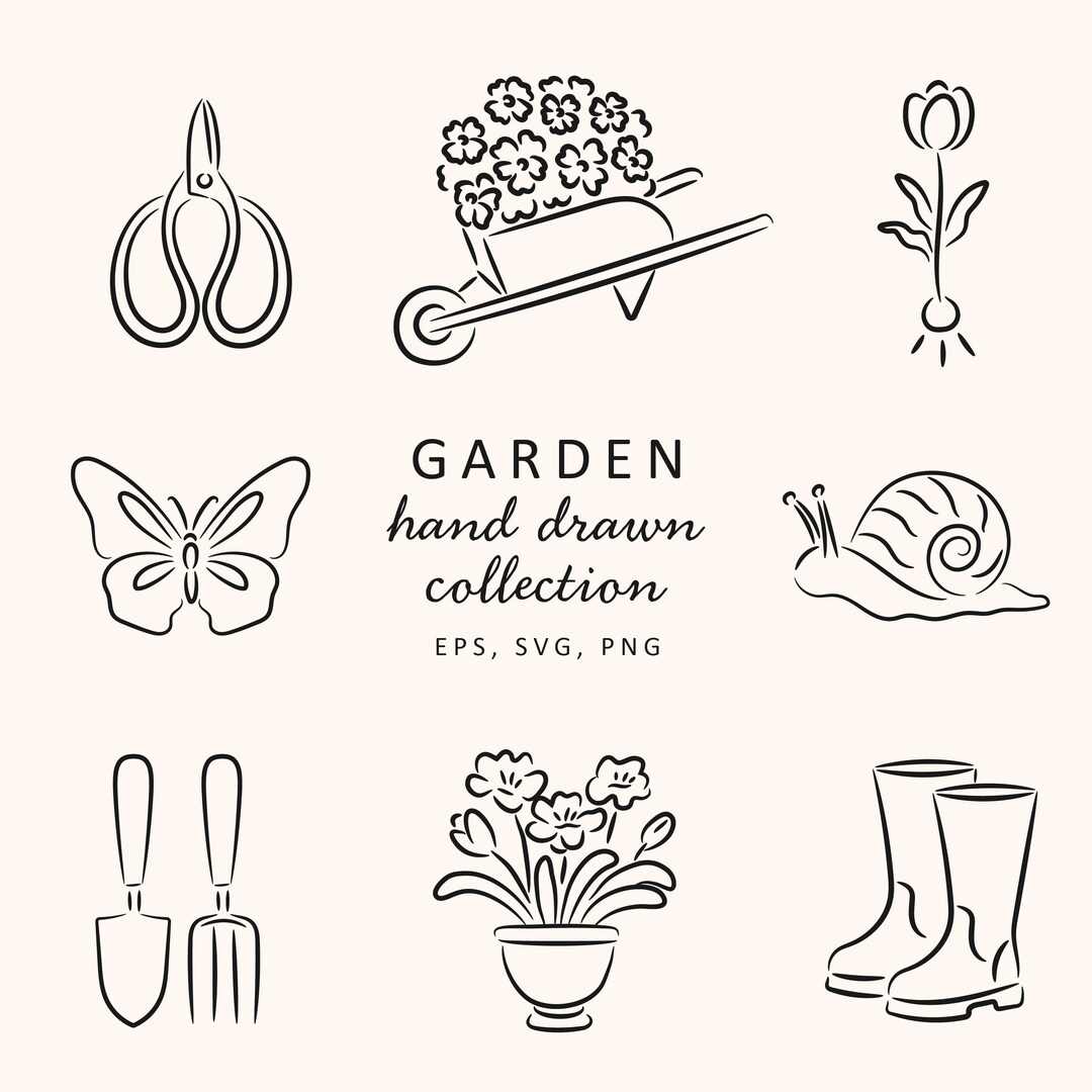 Garden Line Art Clipart PNG, Floral Gardening Illustration Set SVG ...