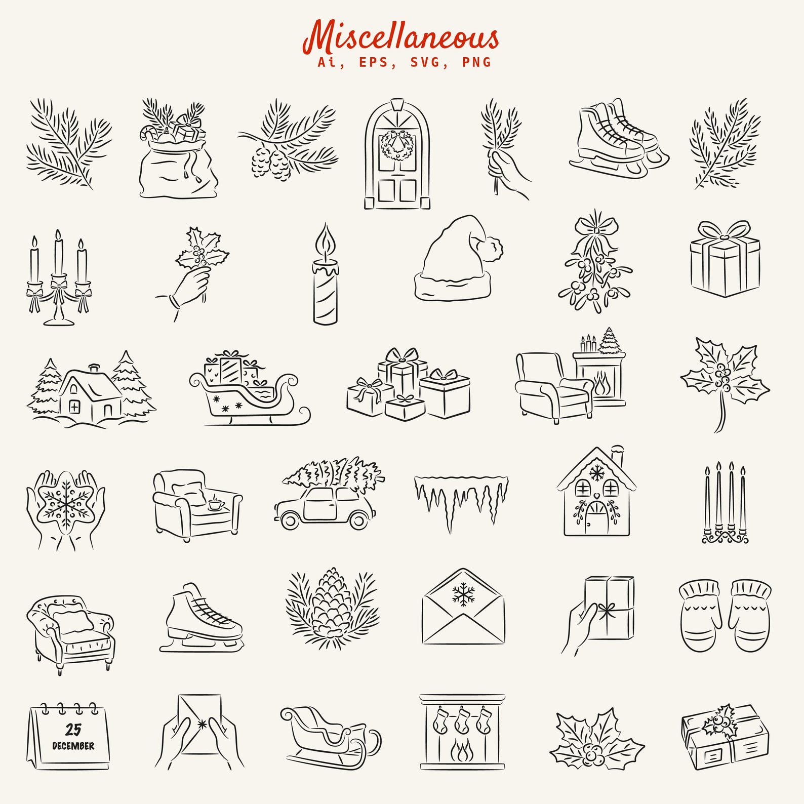 Christmas Line Art Clipart Set | Hand Drawn Holiday Doodles ...