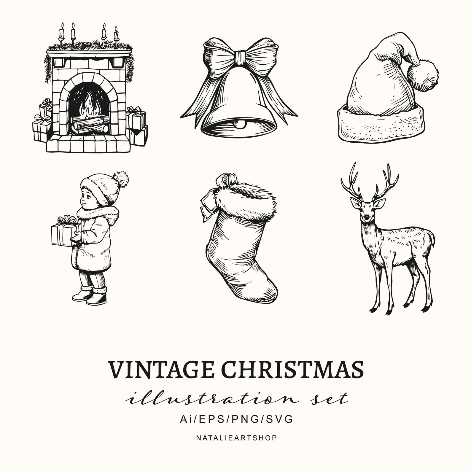 Vintage Christmas Illustration Set-hand-drawn Style Holiday Clipart ...