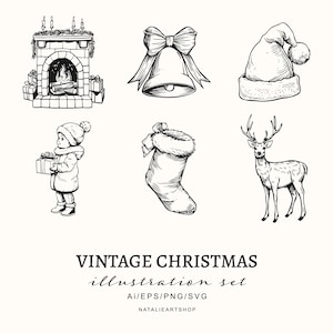 Vintage Christmas Illustration Set-hand-drawn Style Holiday Clipart ...