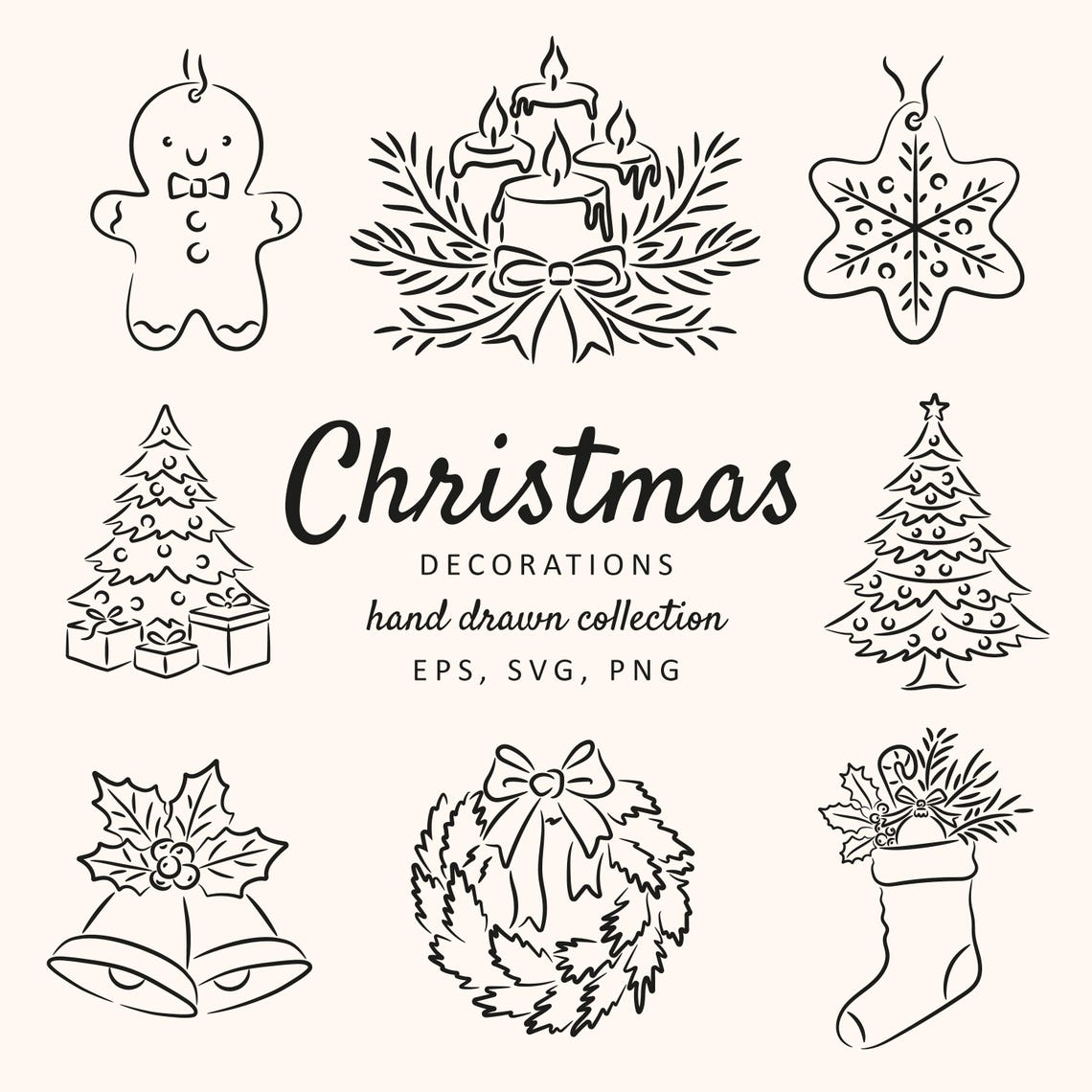 Christmas Line Art Clipart, Holiday Outline Icons, Minimalist Xmas ...