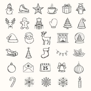 Christmas Doodle Clipart Set, Holiday Icons, Black and White Line Art ...