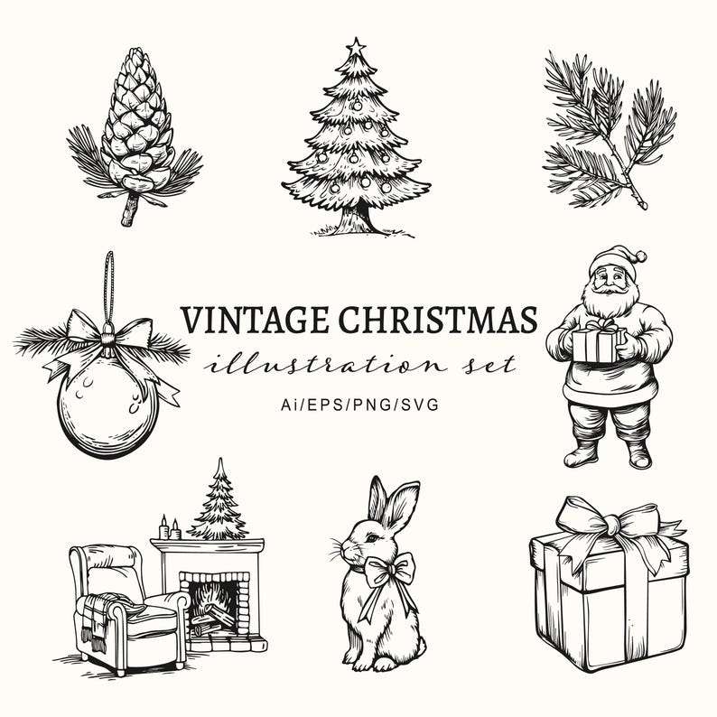 Vintage Christmas Illustration Set-hand-drawn Style Holiday Clipart ...