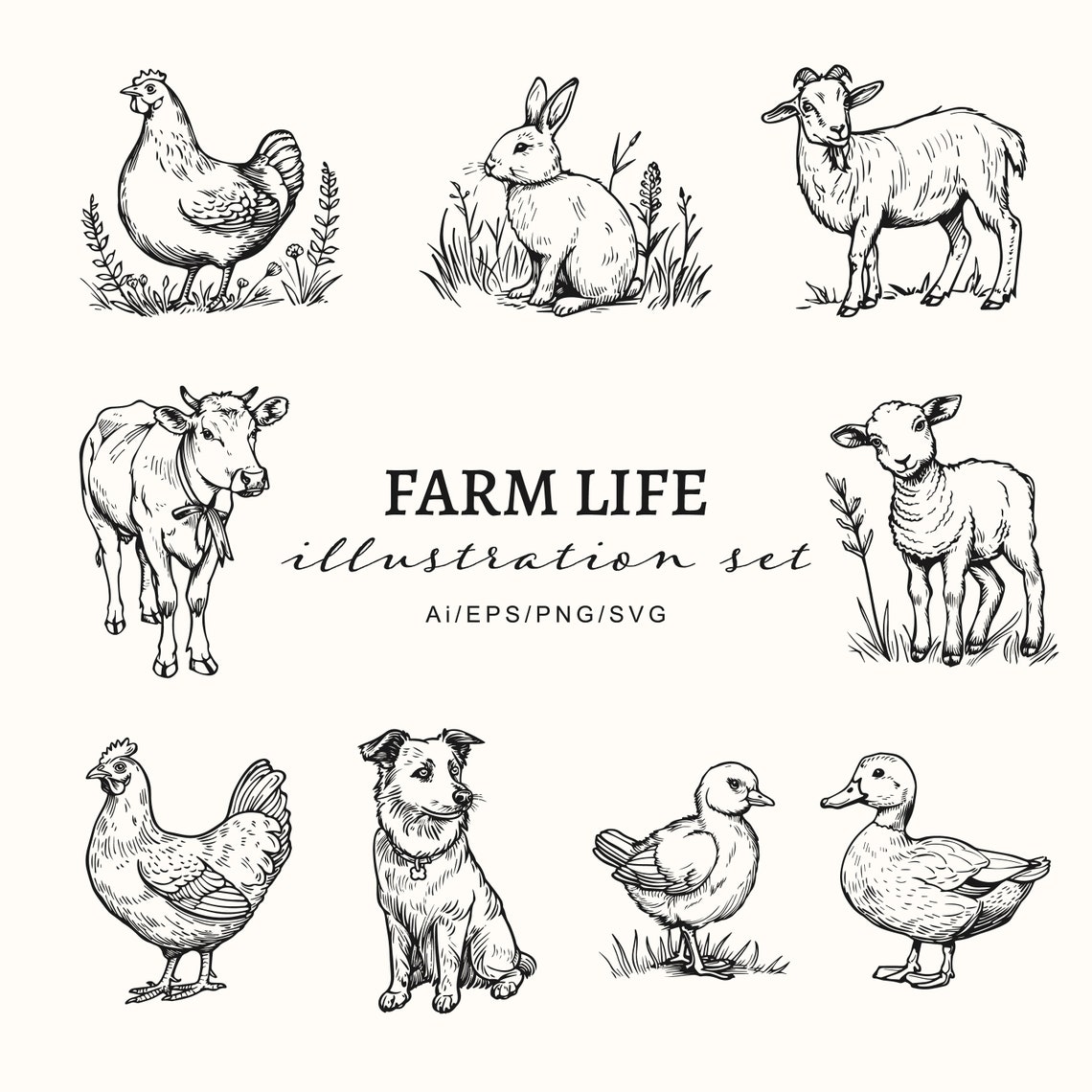 Farm Animals Illustration Set-rustic Farmhouse Clipart Png-farming Clip ...