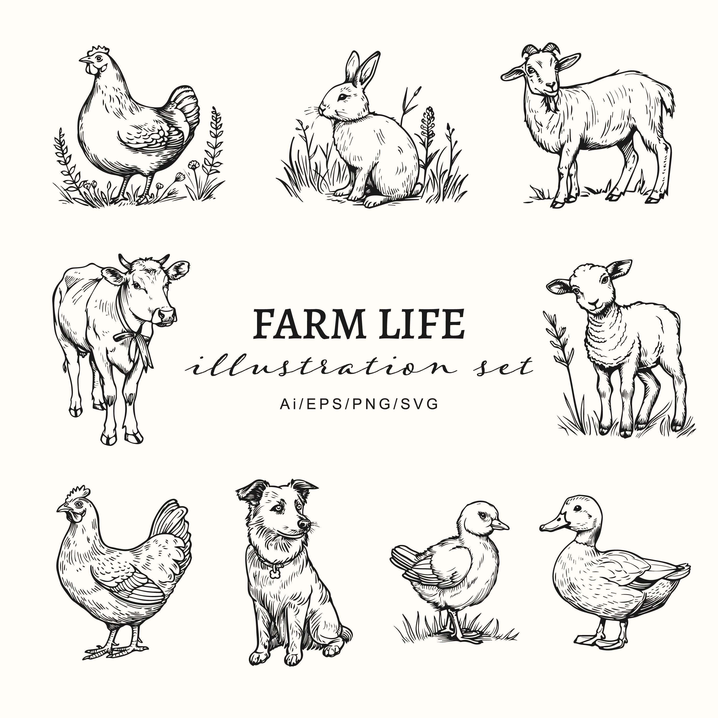 Farm Animals Illustration Set-rustic Farmhouse Clipart Png-farming Clip ...
