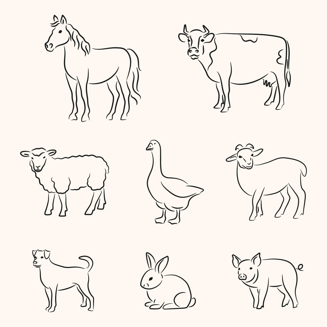 Farm Animal Line Art Clipart, Minimalist Animal SVG PNG Set, Farmhouse ...