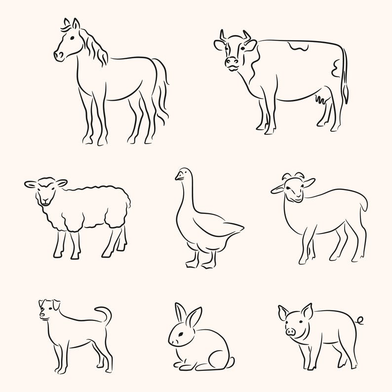 Farm Animal Line Art Clipart, Minimalist Animal SVG PNG Set, Farmhouse ...