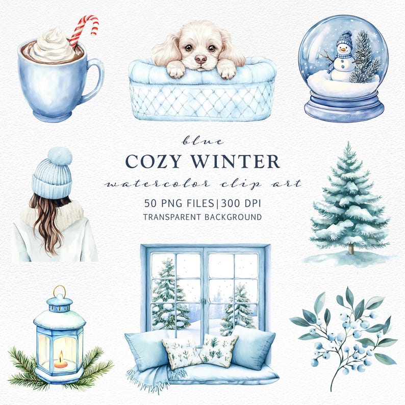 Watercolor Blue Cozy Winter Clipart, Christmas Clip Art, Blue Christmas ...