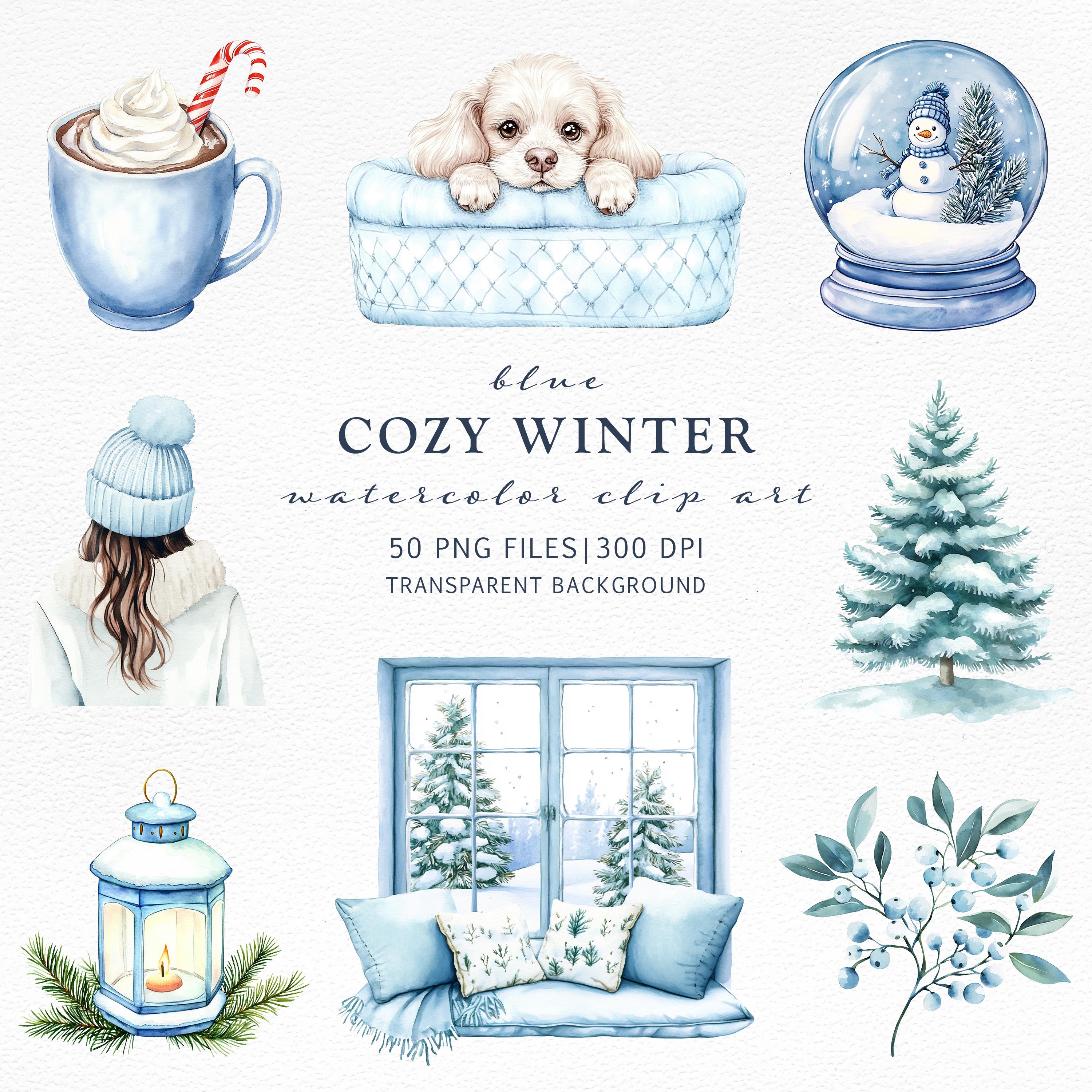 Watercolor Blue Cozy Winter Clipart, Christmas Clip Art, Blue Christmas ...